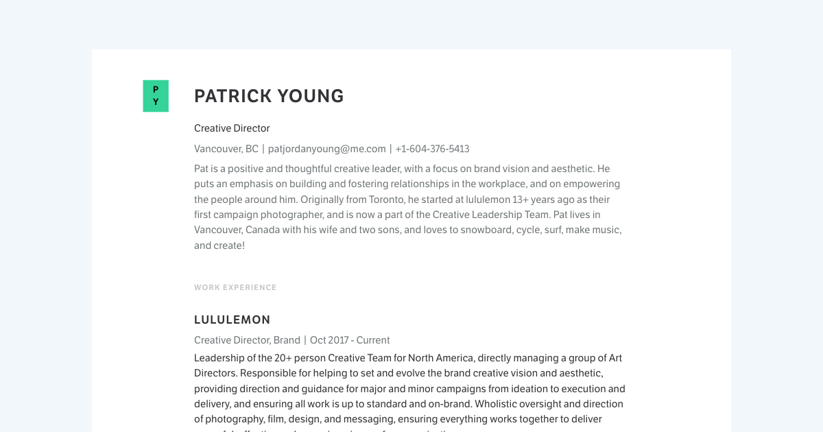 Patrick Young's Resume | Creative Director, Brand at lululemon
