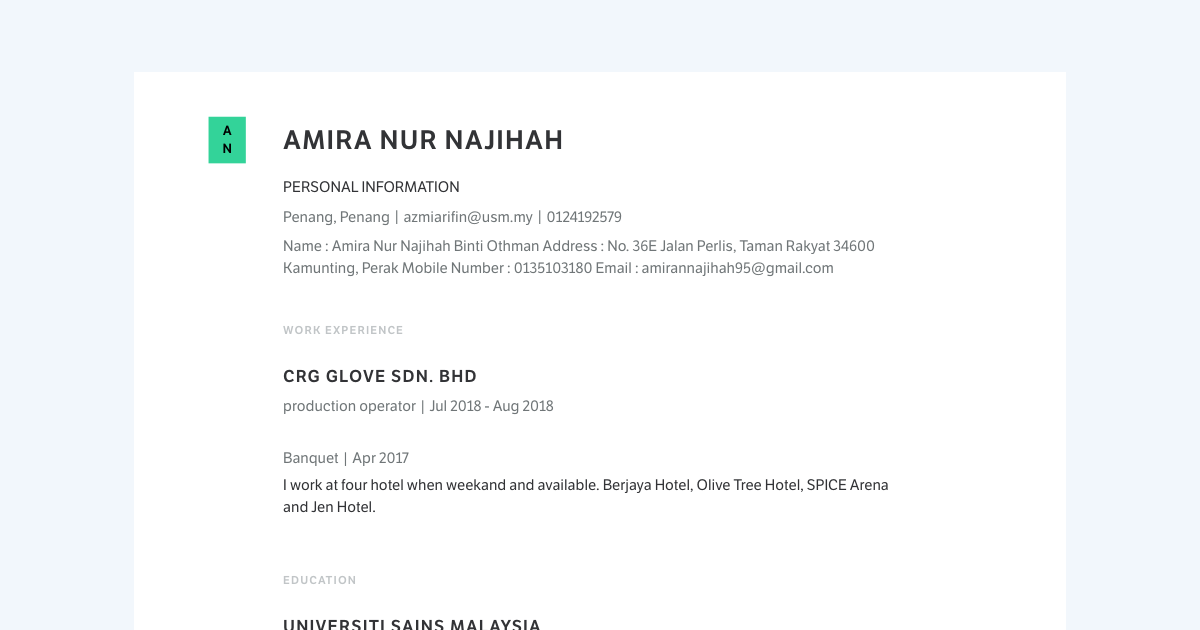 Amira Nur Najihah's Resume | production operator at CRG GLOVE SDN. BHD