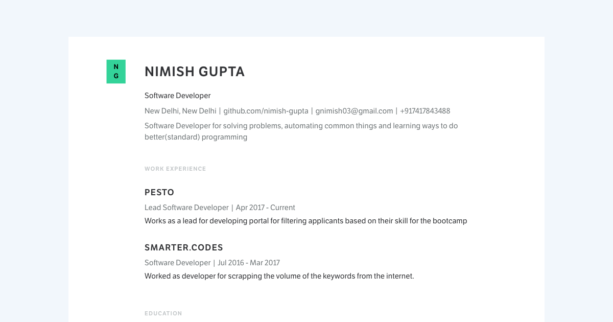 Nimish Gupta's Resume | Lead Software Developer at Pesto