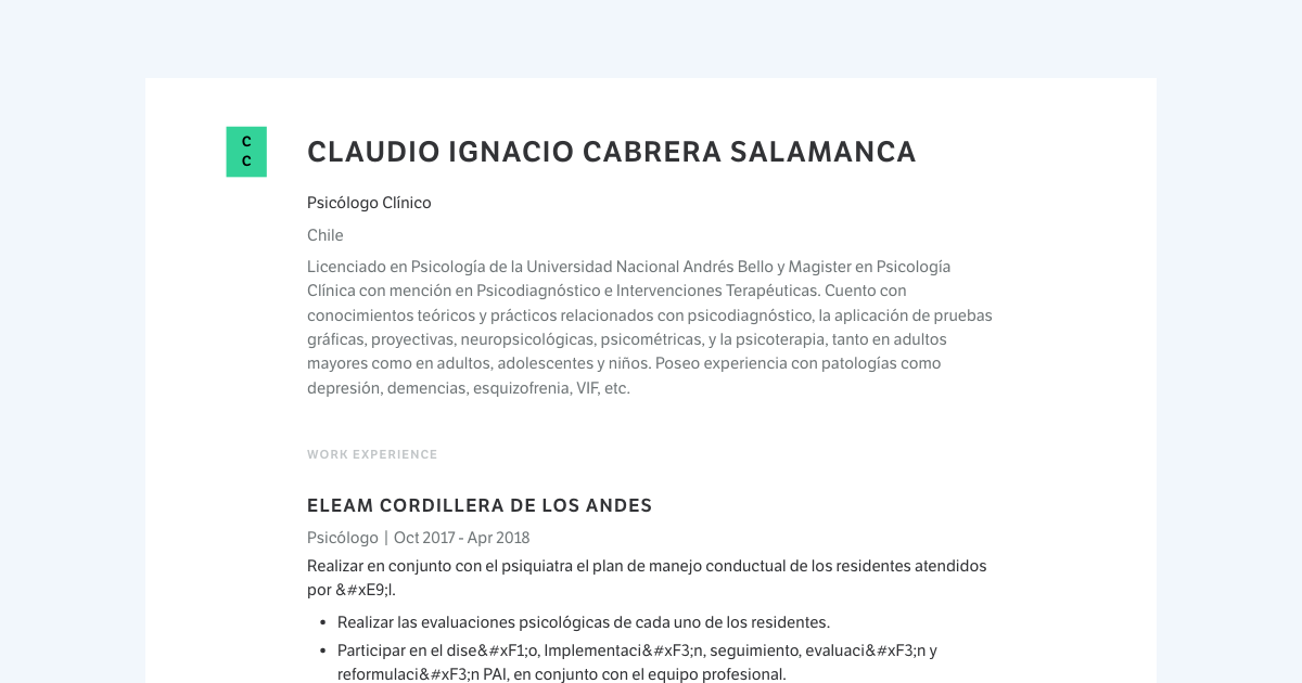 Claudio Ignacio Cabrera Salamanca's Resume | Psicólogo at ELEAM Cordillera de los Andes