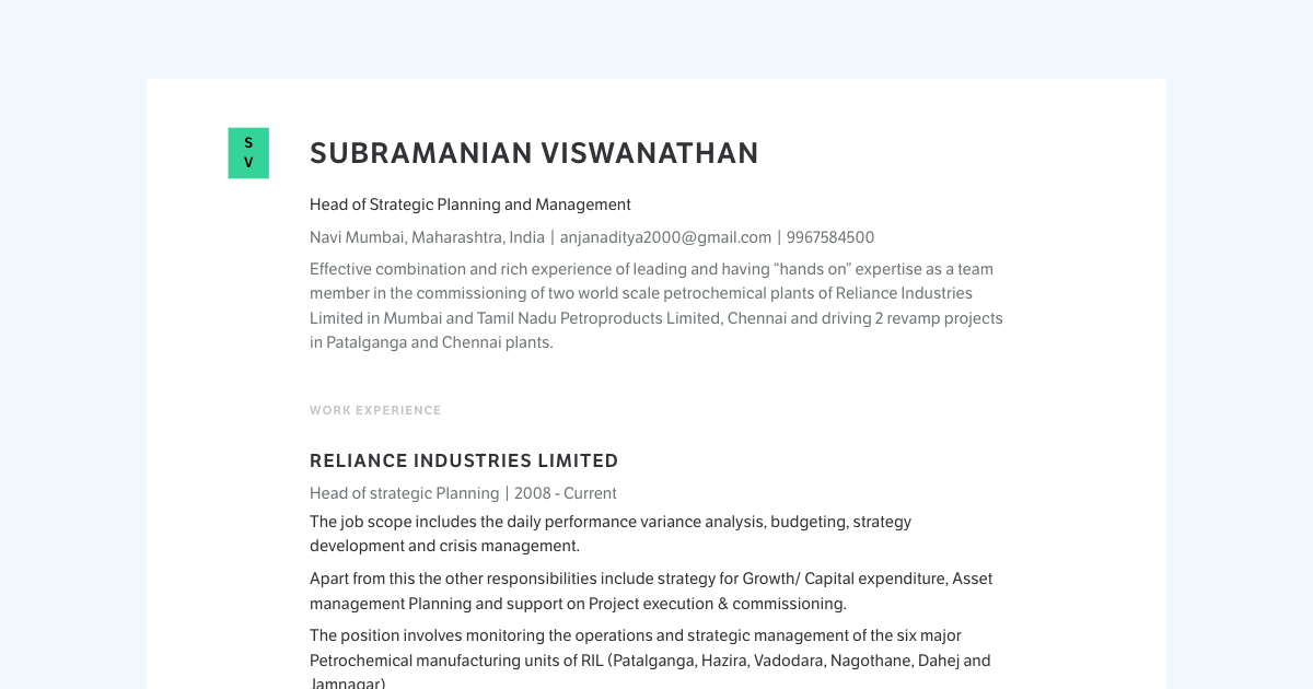 Subramanian Viswanathan's Resume | Head of strategic Planning at ...