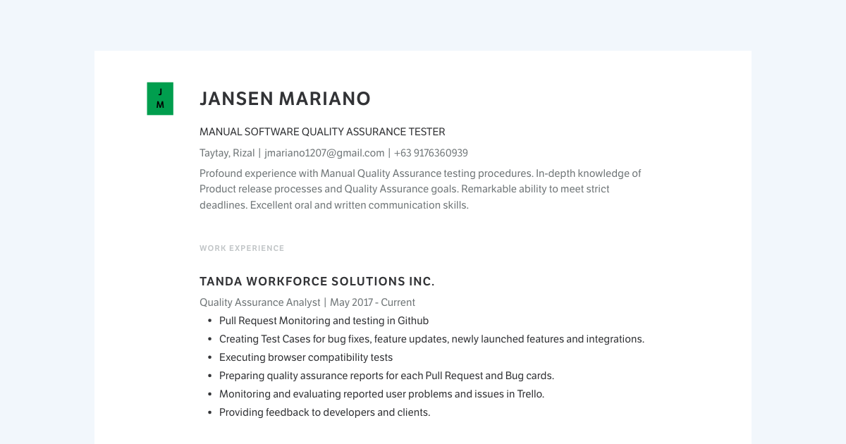 Jansen Mariano's Resume | Quality Assurance Analyst at Tanda Workforce ...