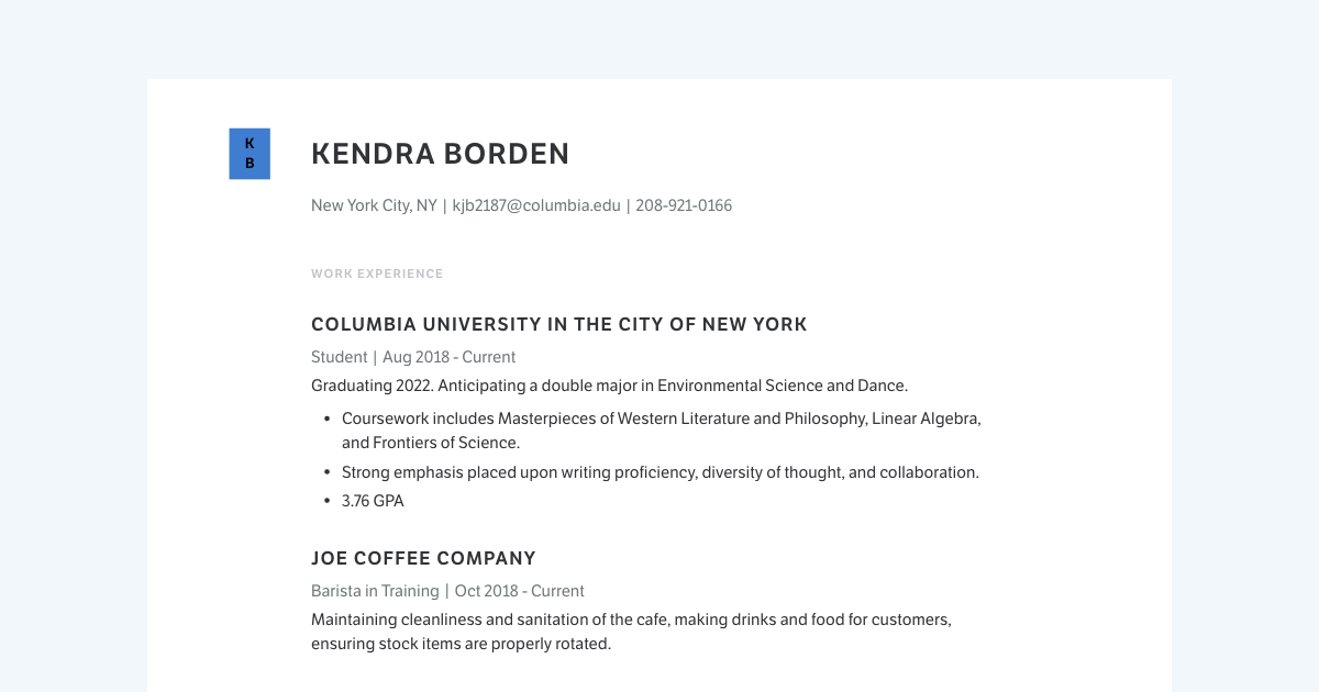 Kendra Borden's Resume | Student at Columbia University in the City of New York