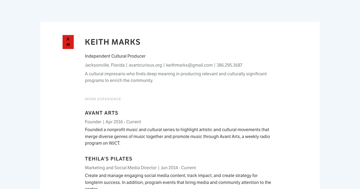 Keith Marks's Resume | Founder at Avant Arts | Standard Resume