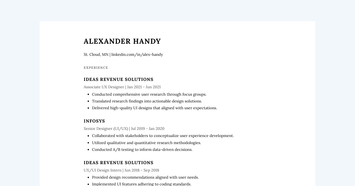 Alexander Handy's Resume | Associate UX Designer at IDeaS Revenue Solutions