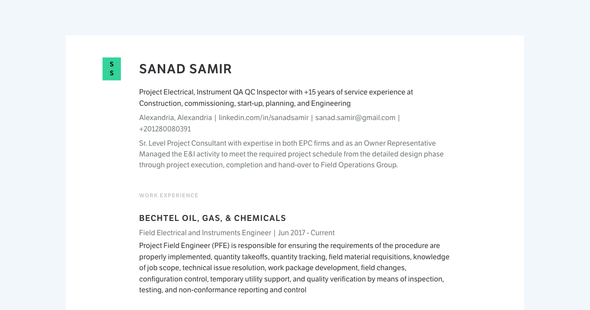 Sanad Samir's Resume | Field Electrical and Instruments Engineer at ...