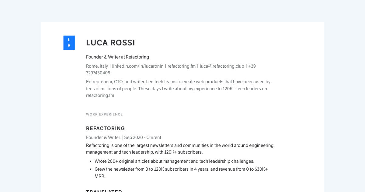Luca Rossi's Resume | Founder & Writer at Refactoring