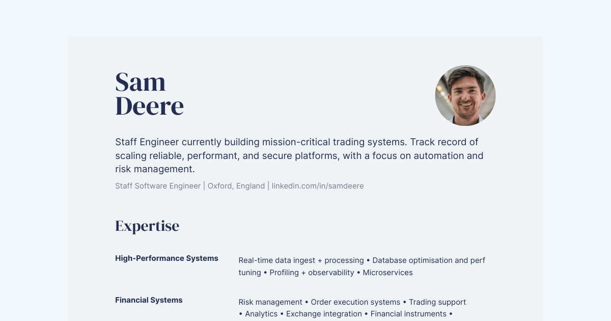Sam Deere's Resume | Lead Frontend Engineer at Lantern Ventures