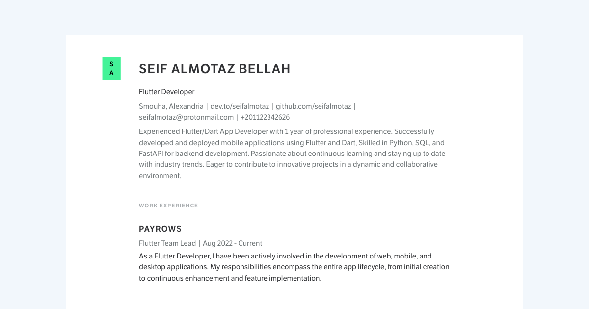 Seif Almotaz Bellah's Resume | Flutter Team Lead at Payrows
