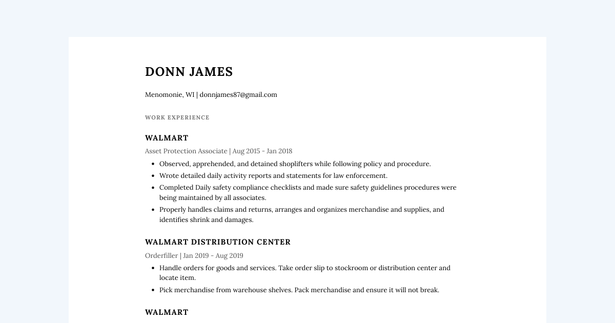 Donn James's Resume | Asset Protection Associate at Walmart